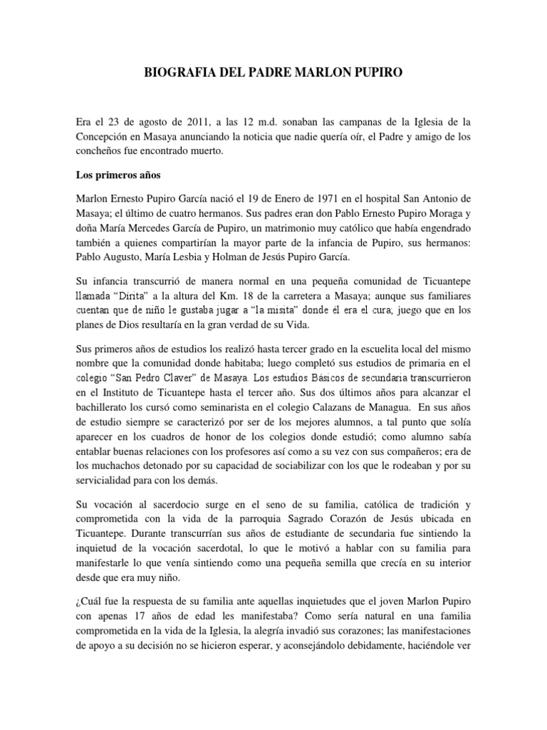 Biografia Del Padre Marlon Pupiro | PDF | Seminario | Sacerdote