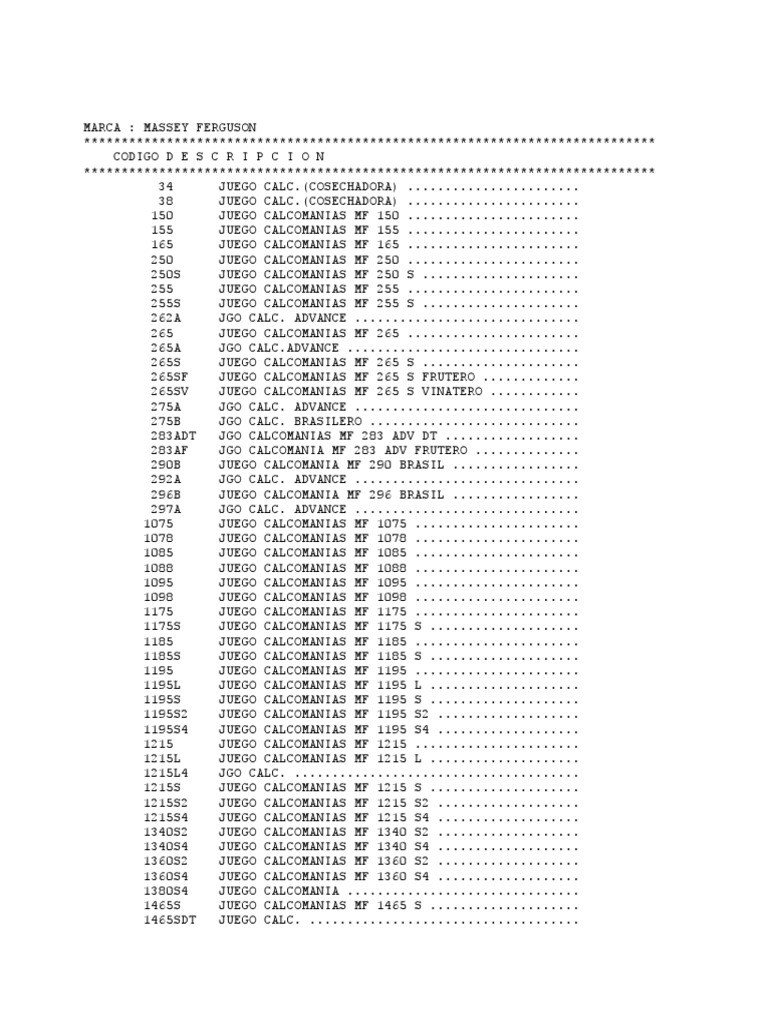 Lista Repuestos Massey Ferguson