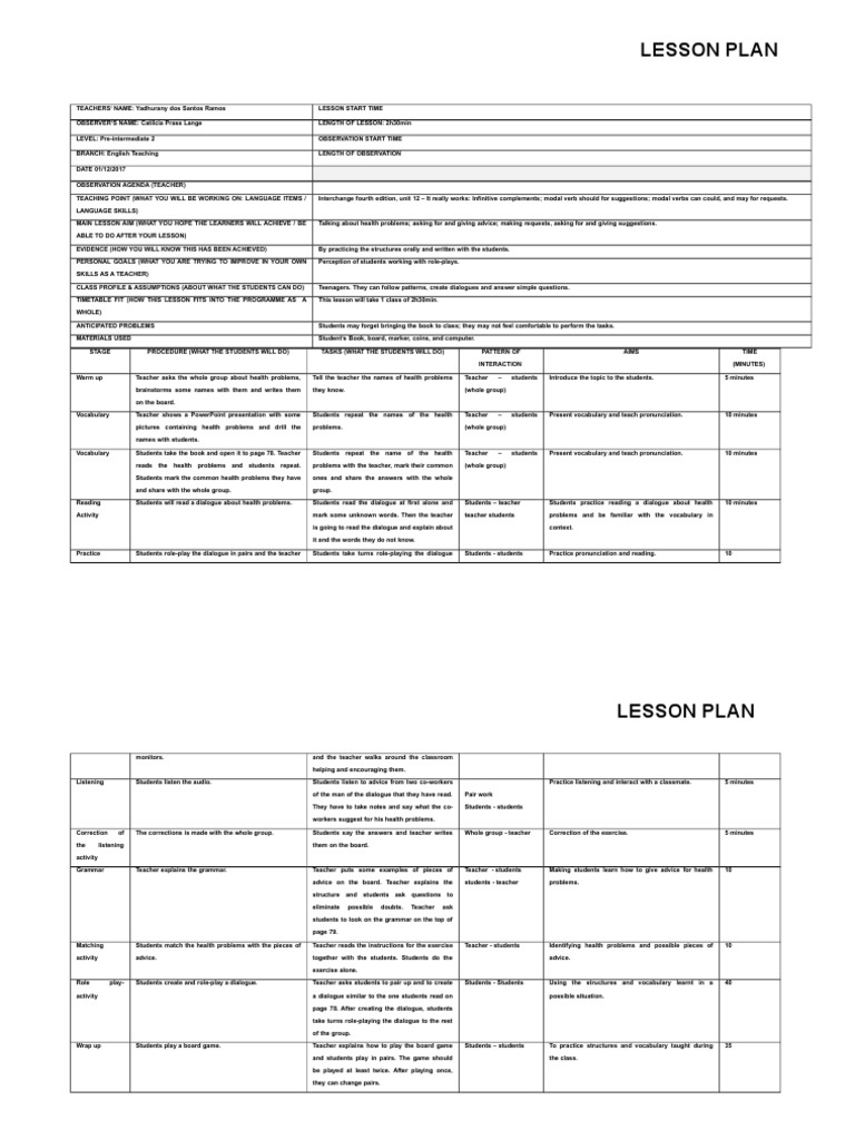 Lesson Plan Sheet - Health Problems | PDF | Lesson Plan | Vocabulary
