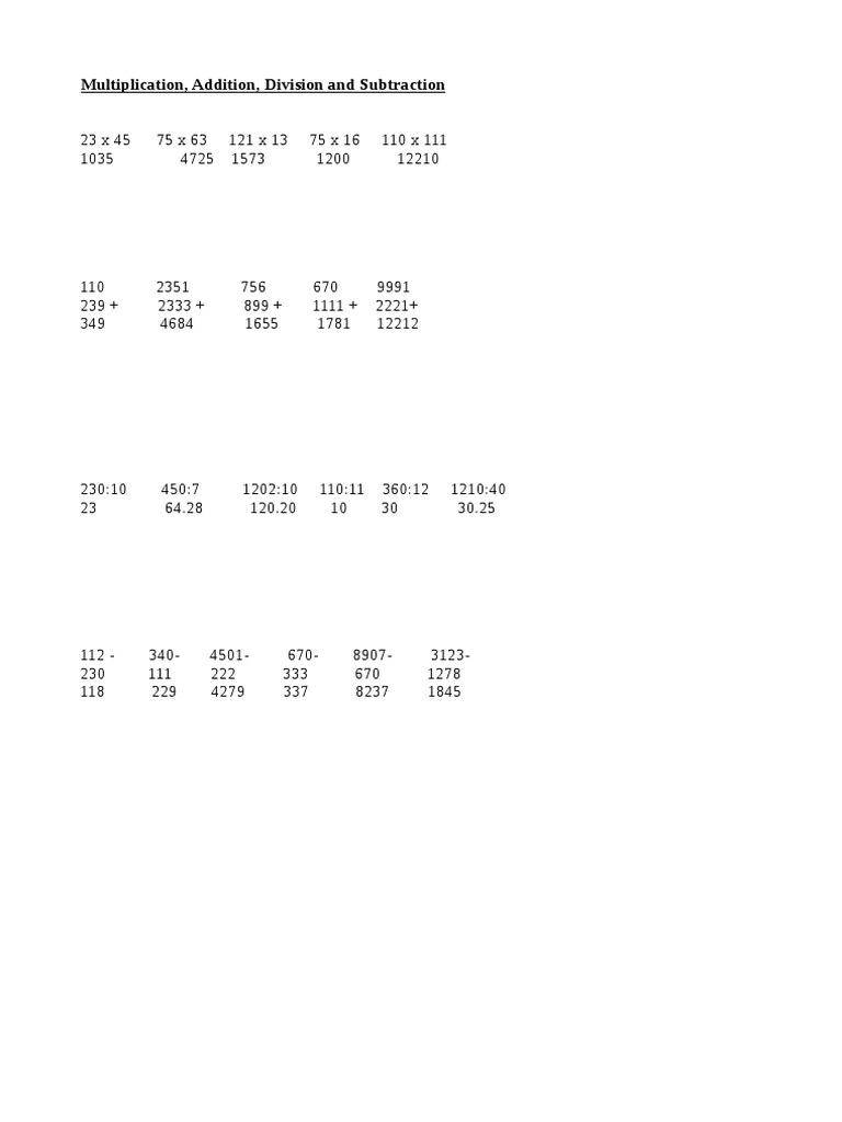 Multiplication, Addition, Division and Subtraction | PDF