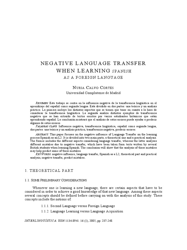 Negative Language Transfer When Learning: Spanish As A Foreign Language ...