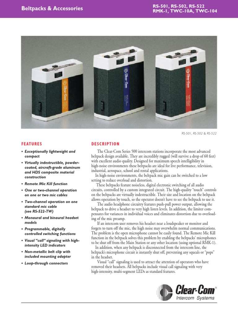 Clear-Com RS-500 Series Datasheet | PDF | Headphones | Microphone