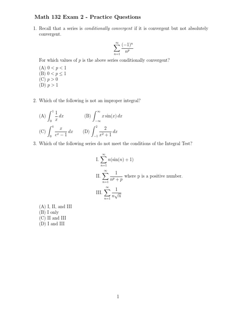 Math 132 Exam 2 Practice Questions | PDF | Series (Mathematics ...