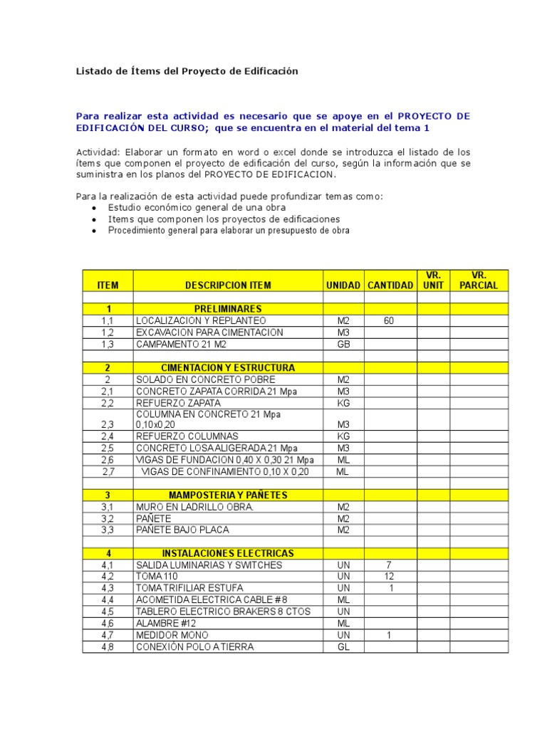 Listado de Ítems para Proyecto de Edificación | PDF | Hogar, jardinería ...