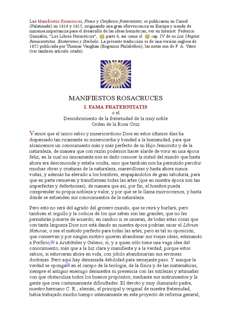 Manifiestos Rosacruces - I. Fama Fraternitatis | PDF | Rosacruces ...