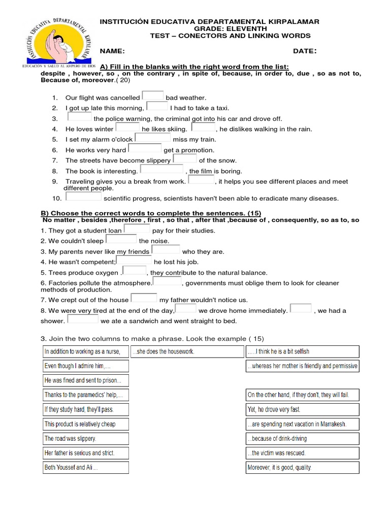 Connectors and Linking Words Test | PDF