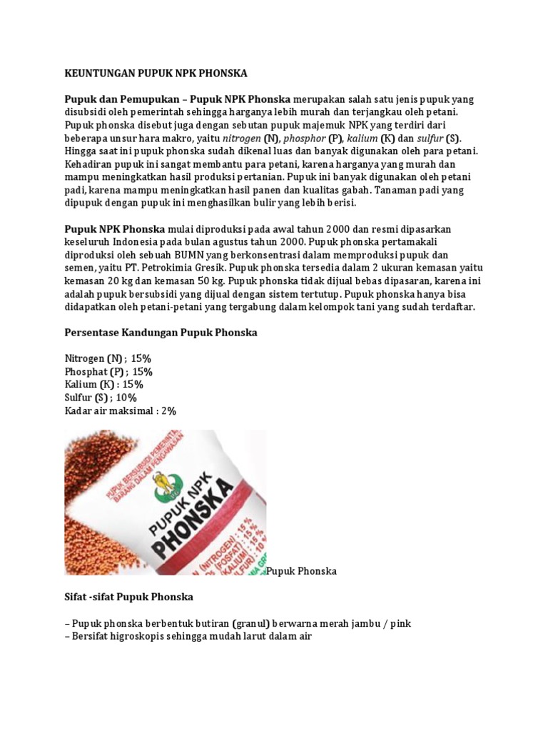 Pupuk NPK Phonska Dan Manfaatnya | PDF