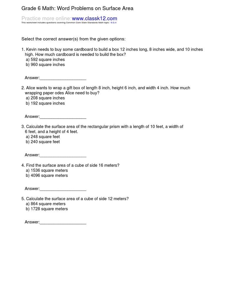 Grade 6 Math Math Word Problems On Surface Area Classk12 | PDF