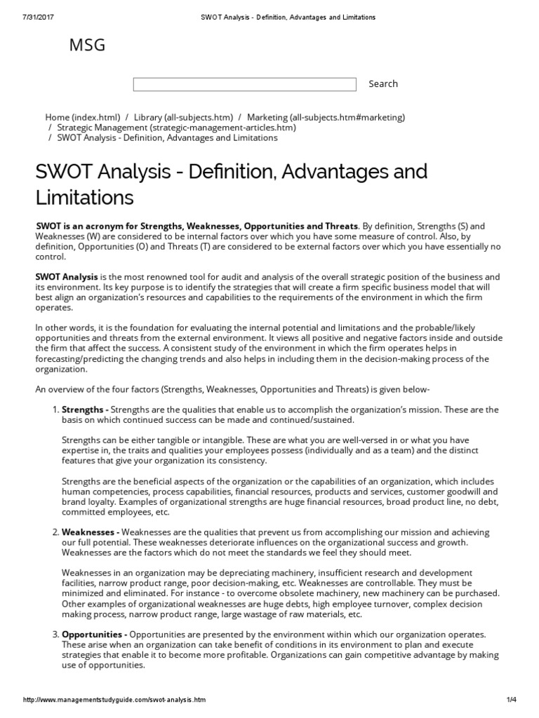 SWOT Analysis - Definition, Advantages and Limitations | PDF | Swot ...