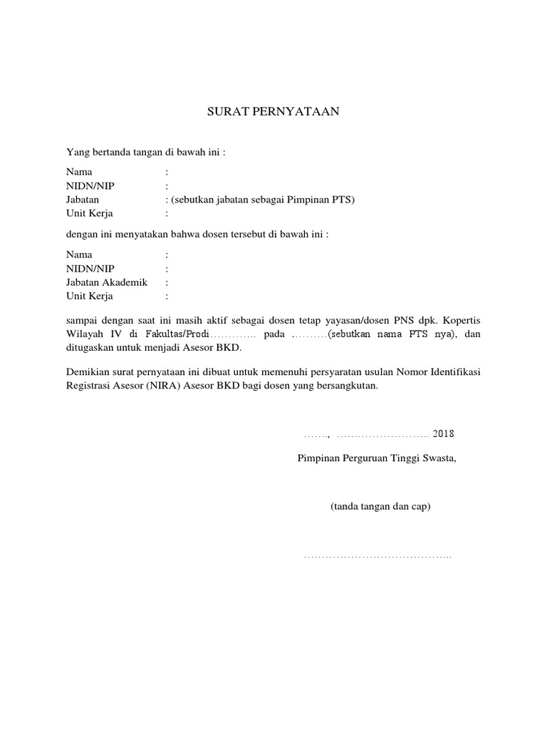 Surat Pernyataan Asesor BKD | PDF
