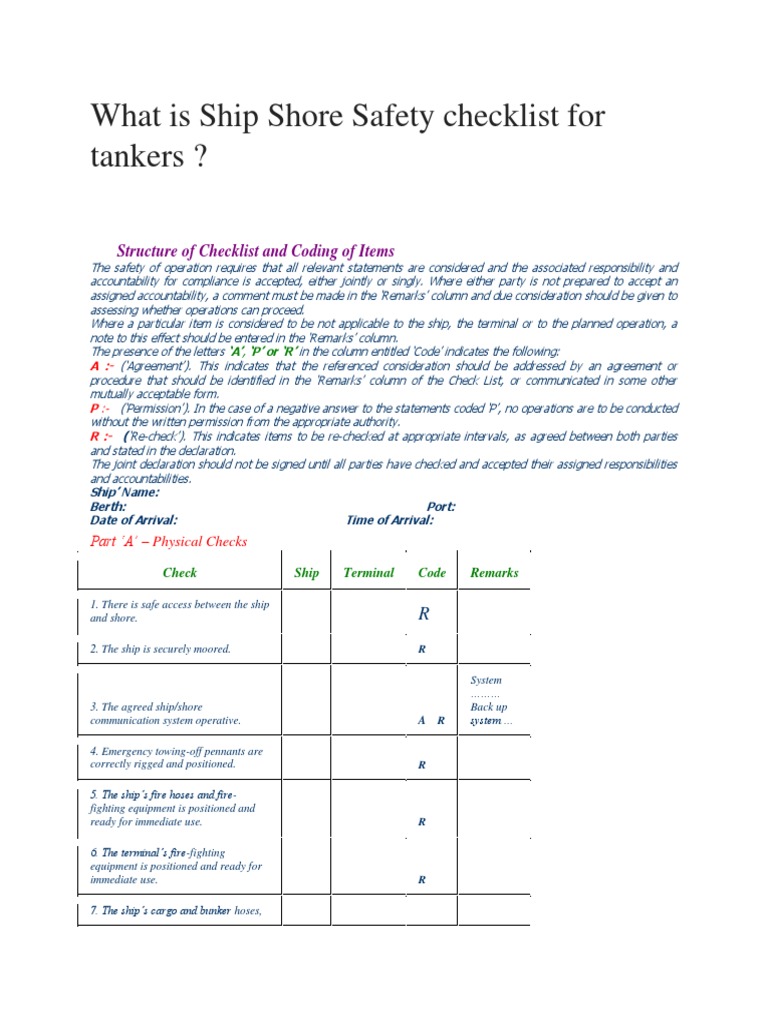 Ship-Shore Safety Check List for Tankers | Oil Tanker | Flashlight