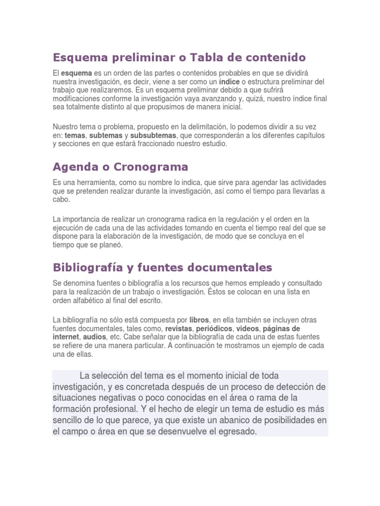 Esquema Preliminar o Tabla de Contenido | PDF | Metodología | Conocimiento