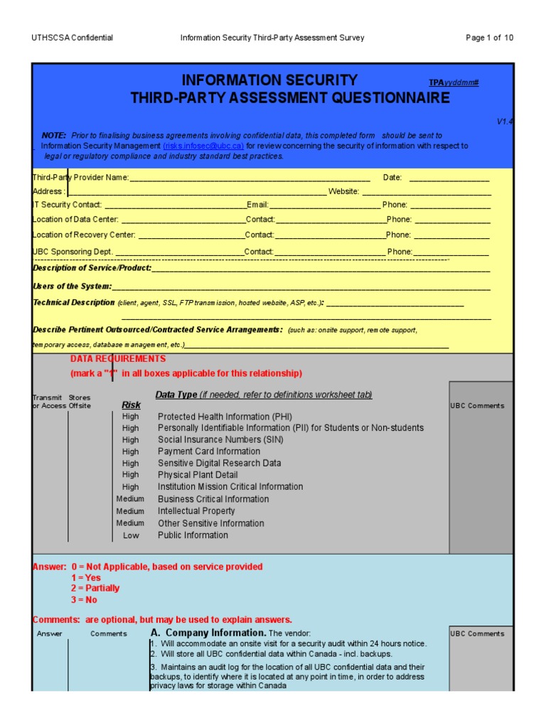 3rd Party Outsourcing Information Security Assessment Questionnaire V1 ...
