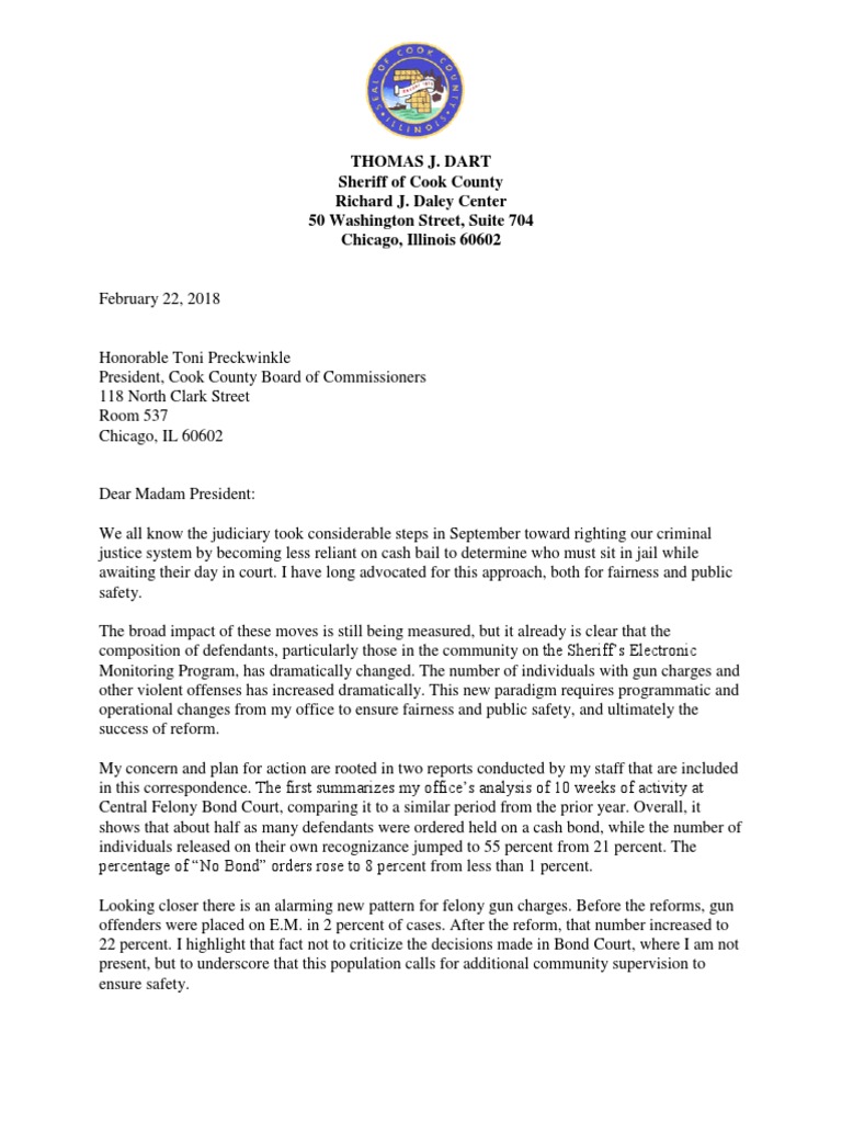 Letter From The Cook County Sheriff 022218 | PDF | Bail | Prison