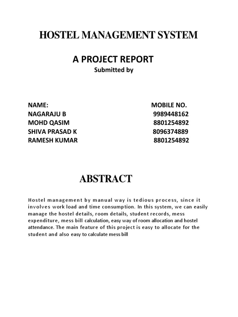 Hostel Management System A Project Report | PDF