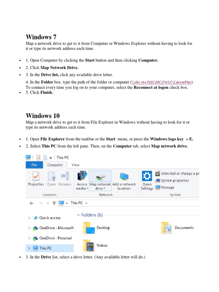 Map Network Drive Windows 7/10 | PDF | Computers