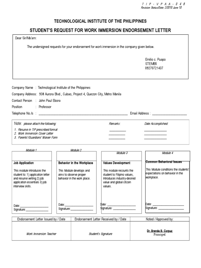 1 Request For Work Immersion Endorsement Letter Form | PDF
