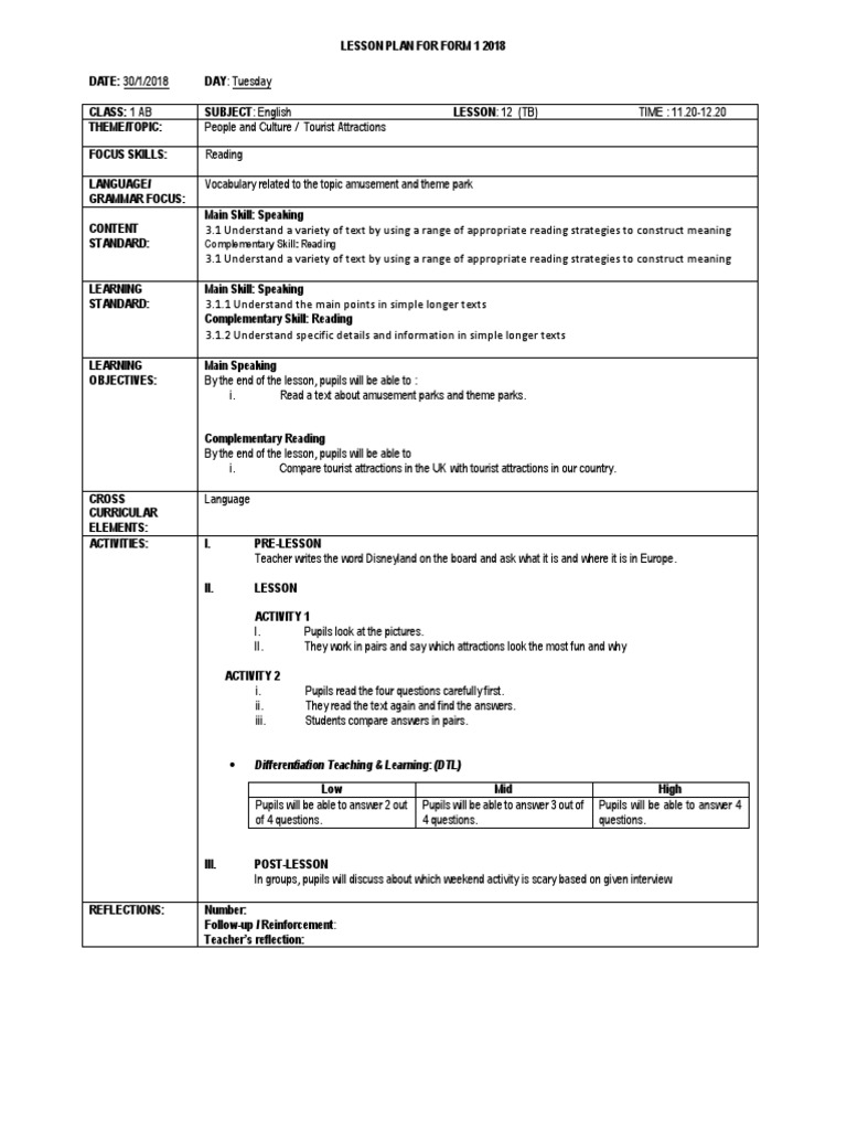F1.Lesson 12 READING - 30 Jan Tue | PDF | Reading (Process) | Lesson Plan