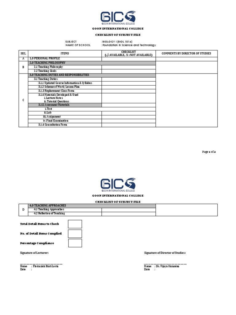Check List - Subject File | PDF