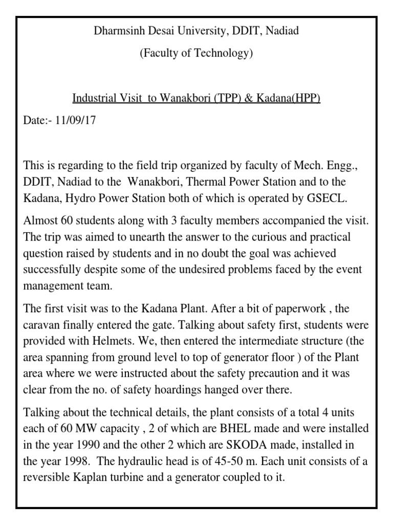 Visit To Kadana Hydro Power Plant and Wanakbori Thermal Power Plant ...