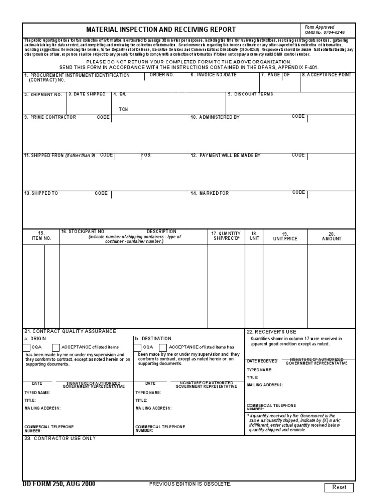 DD250 MATERIAL INSPECTION AND RECEIVING REPORT Template | Government
