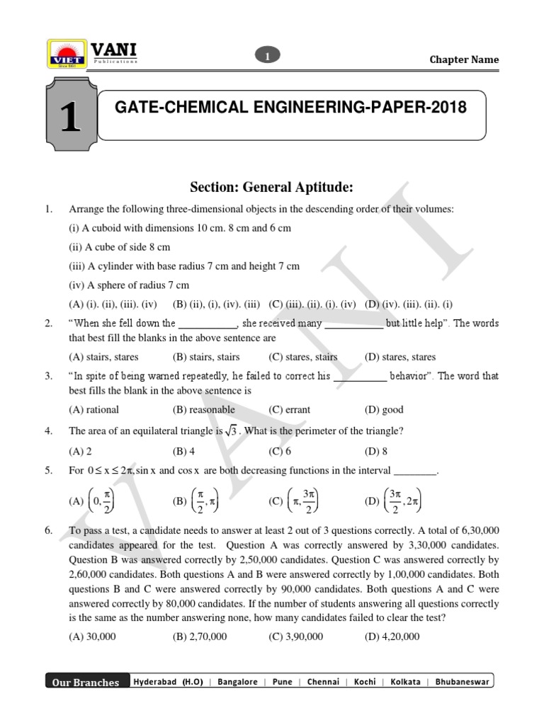 GATE 2018 CHEMICAL Question Paper Shift 1 | PDF | Chemical Engineering ...