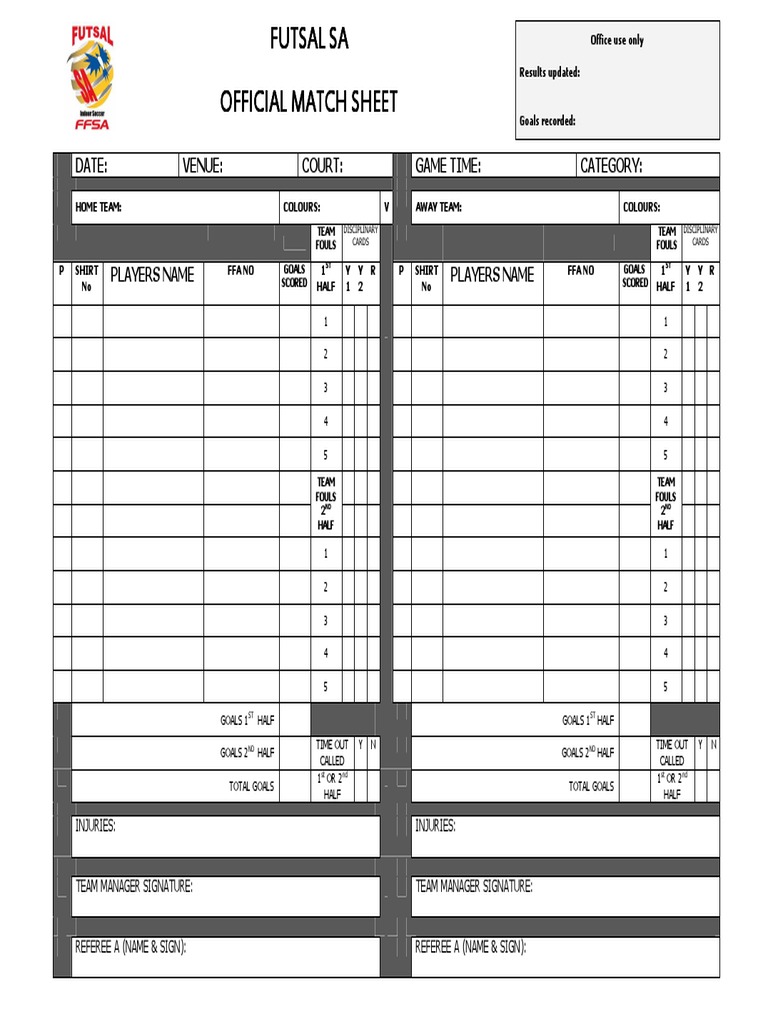 Futsal-SA Official Match Sheet | PDF | Association Football Seasons ...
