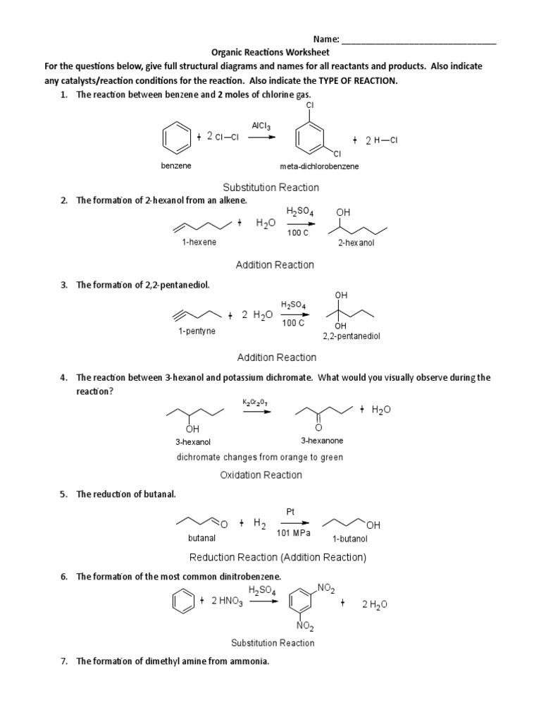 Organic Reactions Worksheet with Solutions | PDF | Chlorine | Alcohol