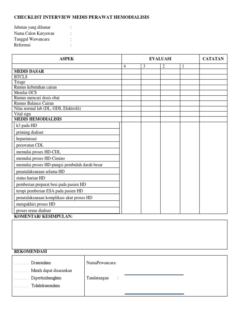 Checklist Interview Perawat Hemodialisis | PDF | Sains & Matematika