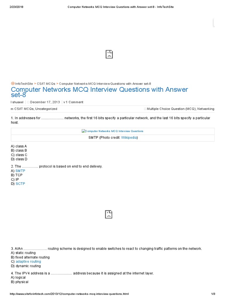 Computer Networks MCQ Interview Questions With Answer Set-8 - InfoTechSite | PDF | Routing ...