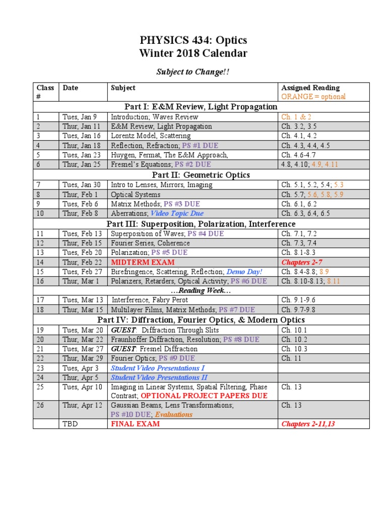 PHYSICS 434: Optics Winter 2018 Calendar: Part I: E&M Review, Light ...