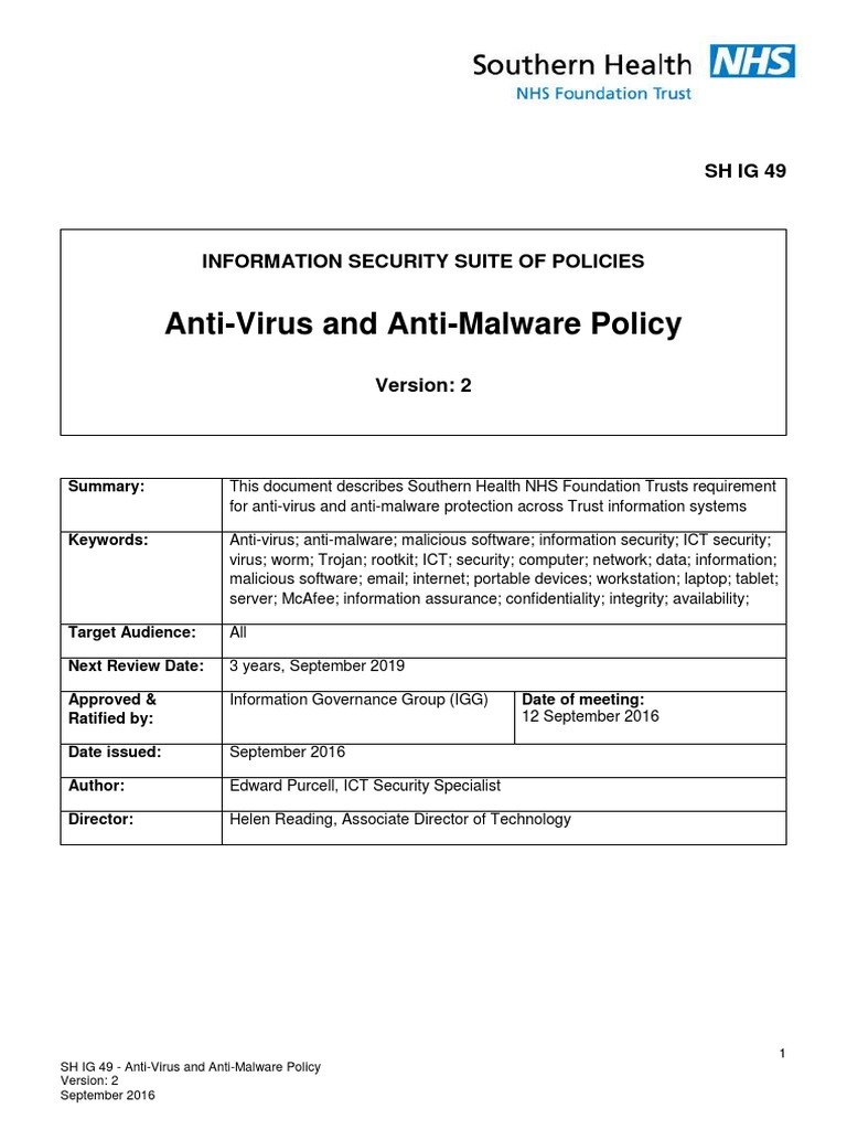 Anti-Virus and Anti-Malware Policy - V2 | PDF | Malware | Antivirus Software