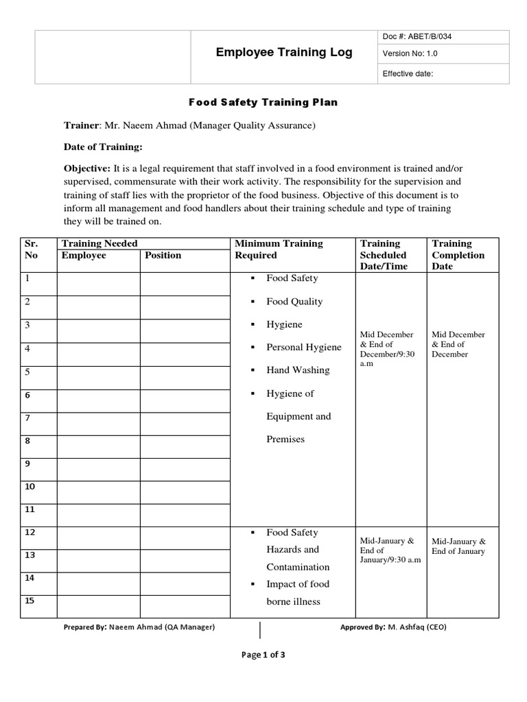 ABET 034 - Employee Training Log | PDF | Food Safety | Hygiene