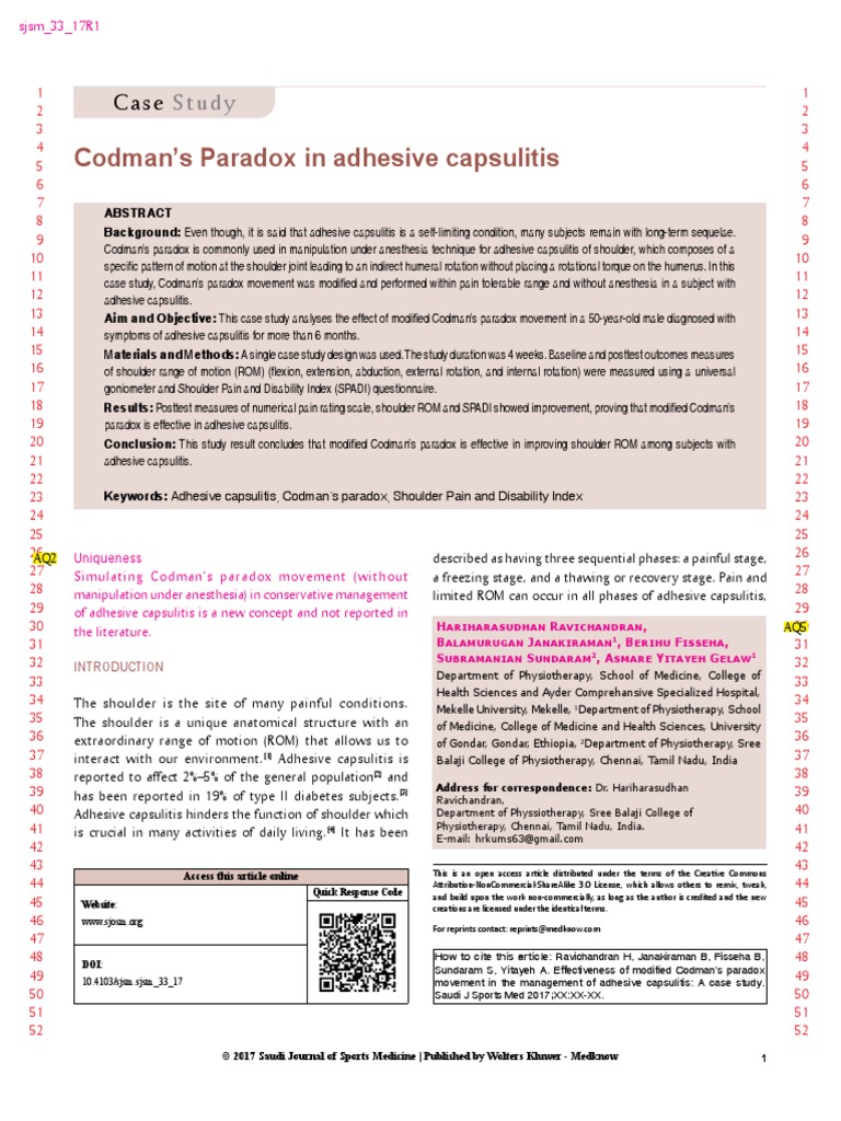 Codman's Paradox in Adhesive Capsulitis: Study | PDF | Anatomical Terms ...