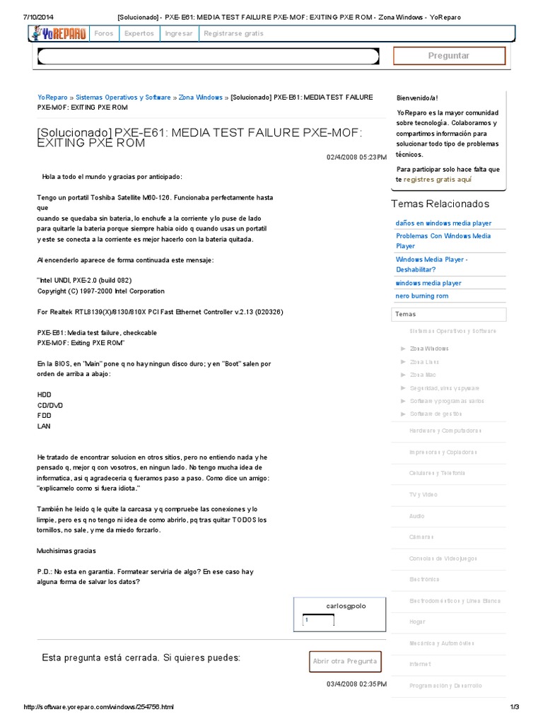(Solucionado) - PXE-E61 - MEDIA TEST FAILURE PXE-MOF - EXITING PXE ROM ...