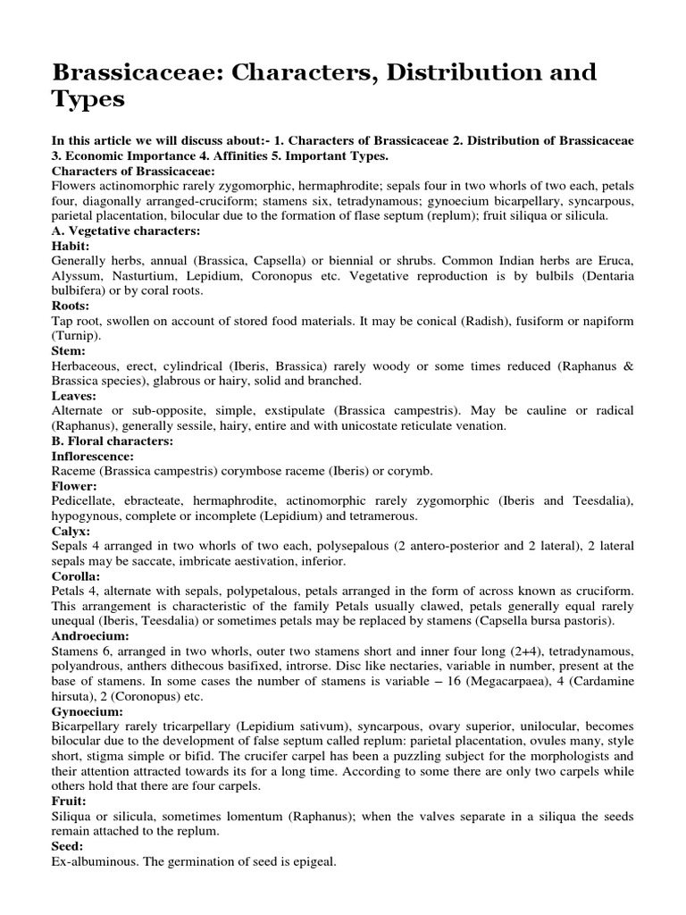 Brassicaceae: Characters, Distribution and Types | PDF | Dna ...