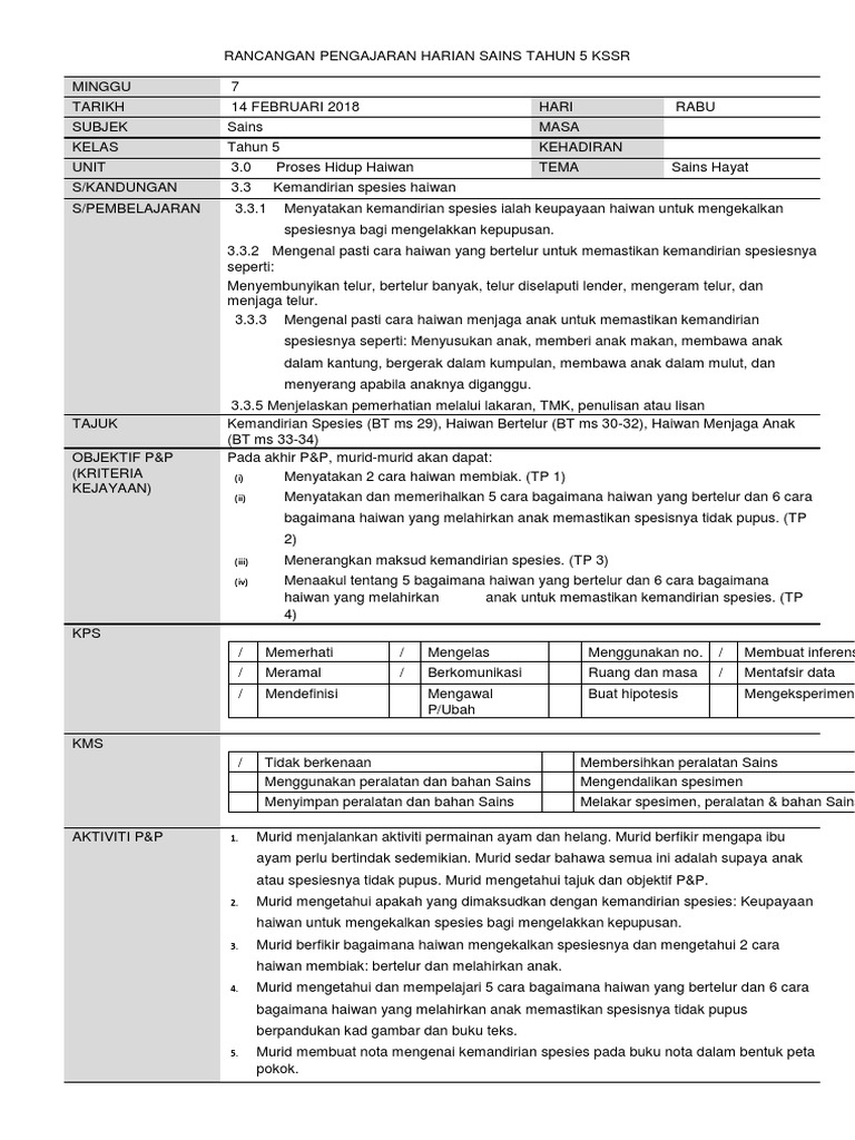 Rancangan Pengajaran Harian Sains Tahun 5 KSSR | PDF