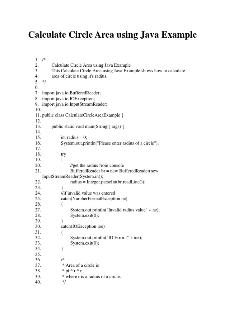 Calculate Circle Area Using Java Example | PDF