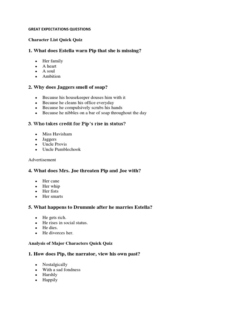 Great Expectations Questions | PDF | Great Expectations | Estella ...