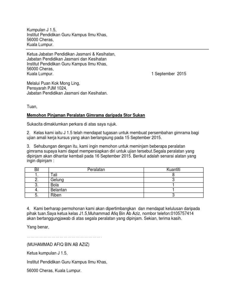 Surat Rasmi Pinjaman Alatan Dari Stor Sukan | PDF