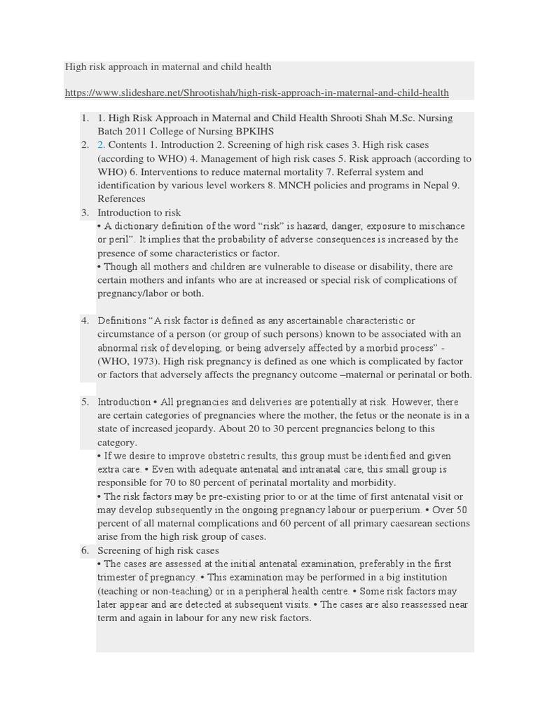 High Risk Approach in Maternal and Child Health | PDF | Maternal Death ...