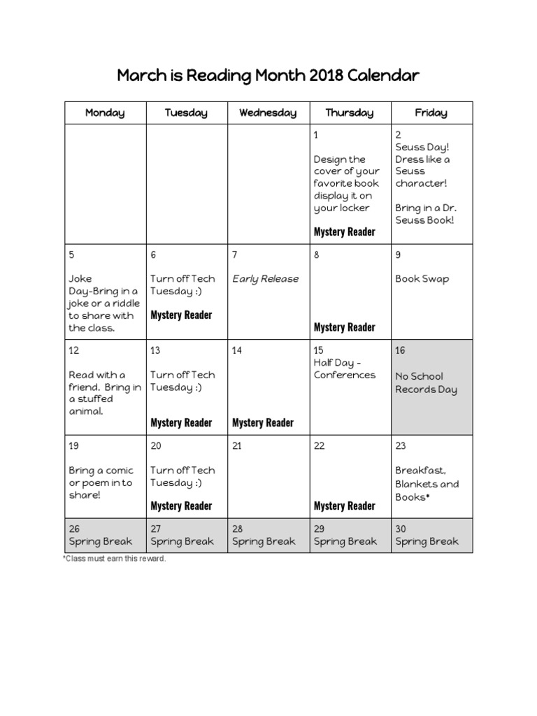 March 2018 Reading Month Activities Calendar | PDF