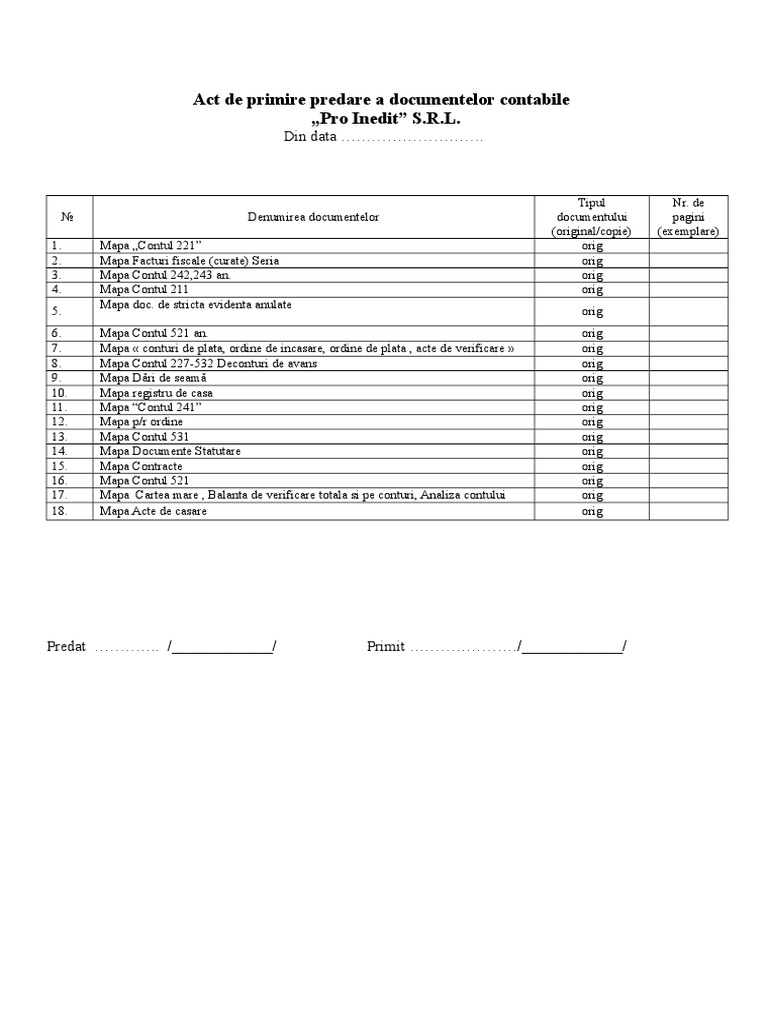 Act de Primire Predare A Documentelor Contabile | PDF