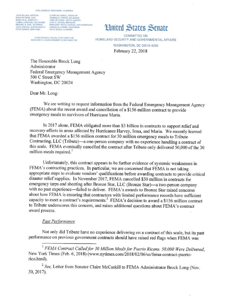 Senators' Letter Requesting Information On Tribute Contract With FEMA ...