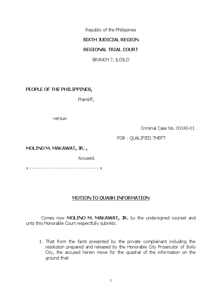 Motion to Quash Information 2 | Prosecutor | Complaint | Free 30-day ...