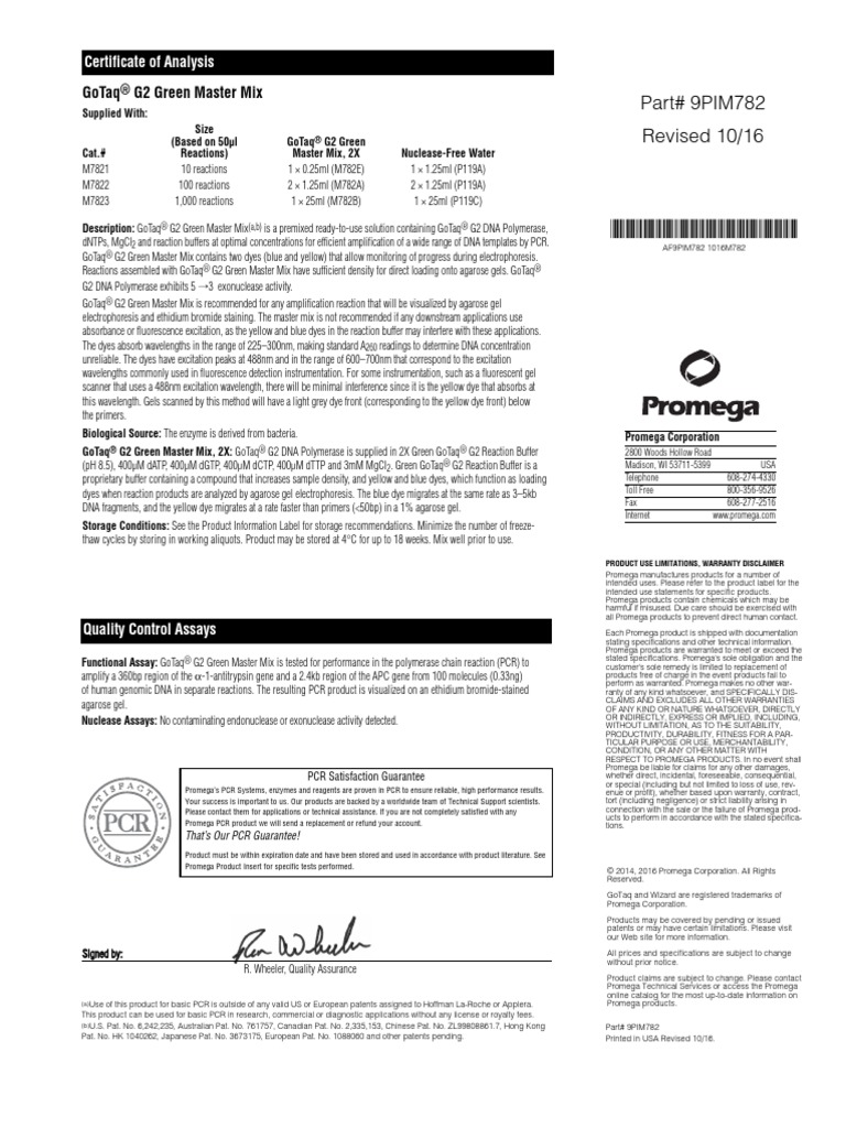 Gotaq g2 Green Master Mix Protocol | PDF | Primer (Molecular Biology ...