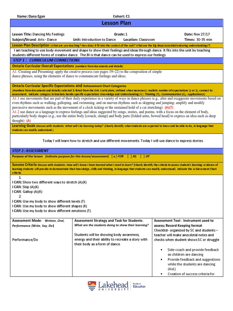 Lesson Plan: Step 1: Curriculum Connections | PDF | Emotions | Dances