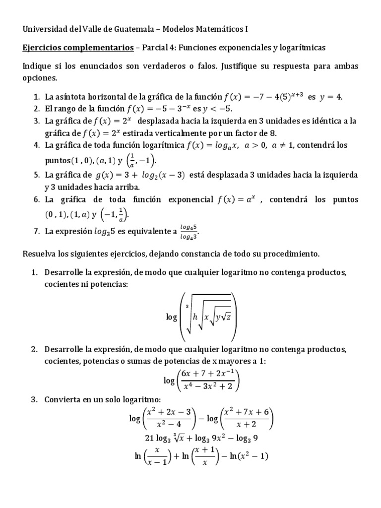 Ejercicios Complementarios Parcial 4 | PDF | Logaritmo | Análisis ...