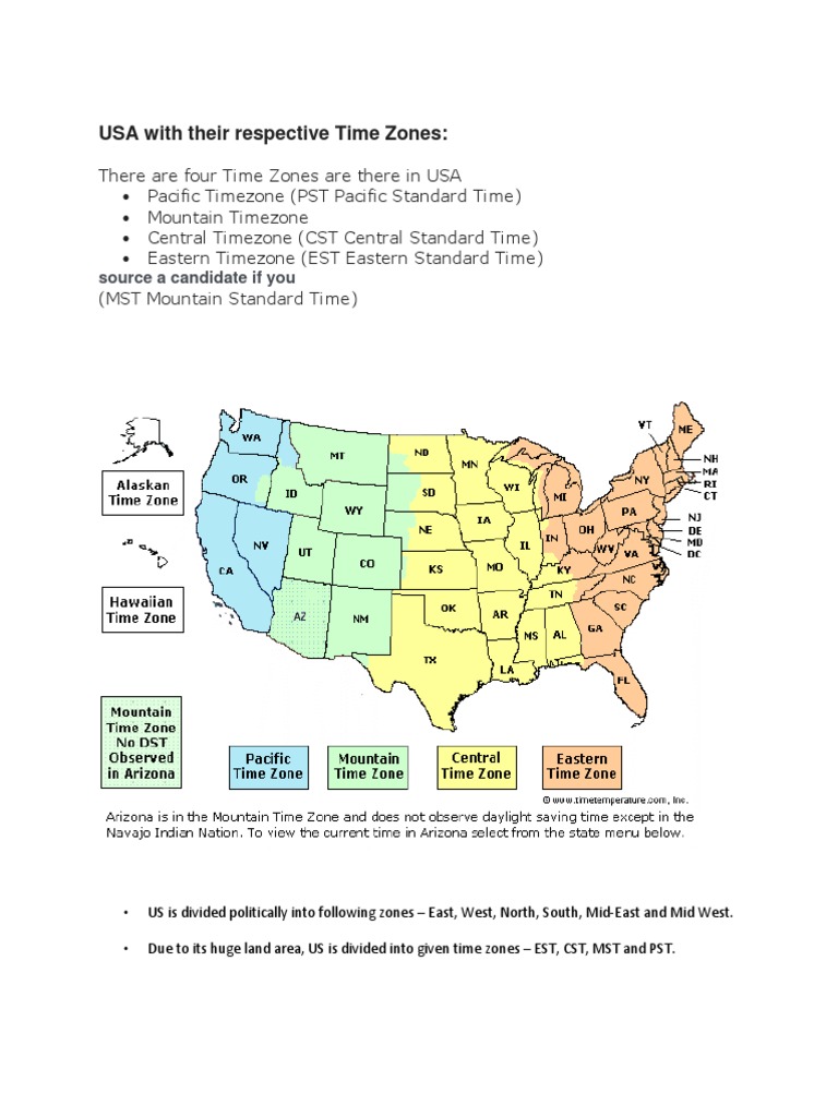 USA With Their Respective Time Zones | PDF