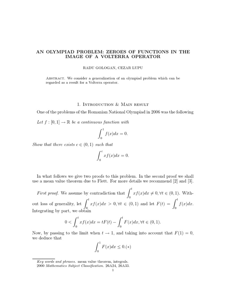 An Olympiad Problem: Zeroes of Functions in The Image of A Volterra Operator Radu Gologan, Cezar ...